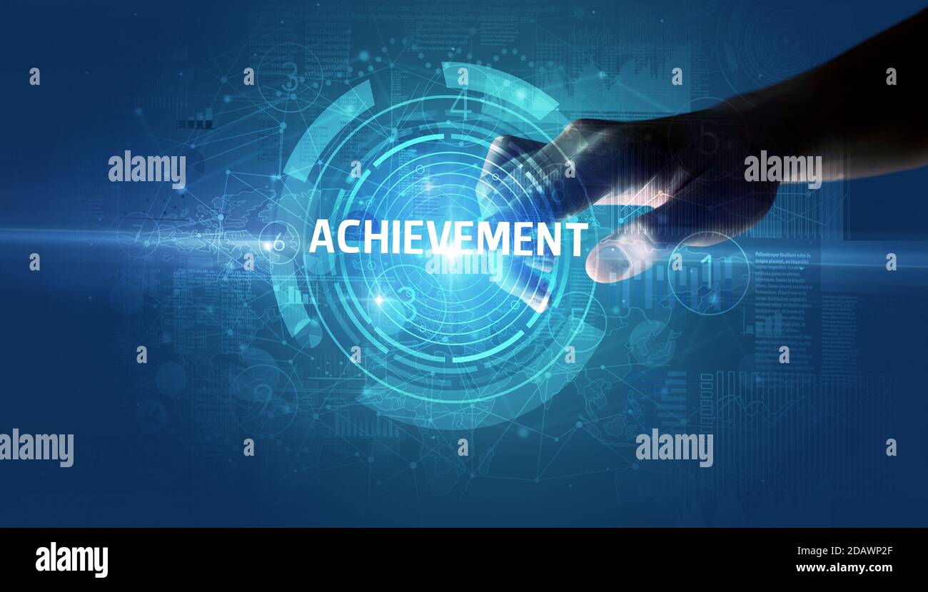 Hand touching ACHIEVEMENT button, modern business technology concept ...