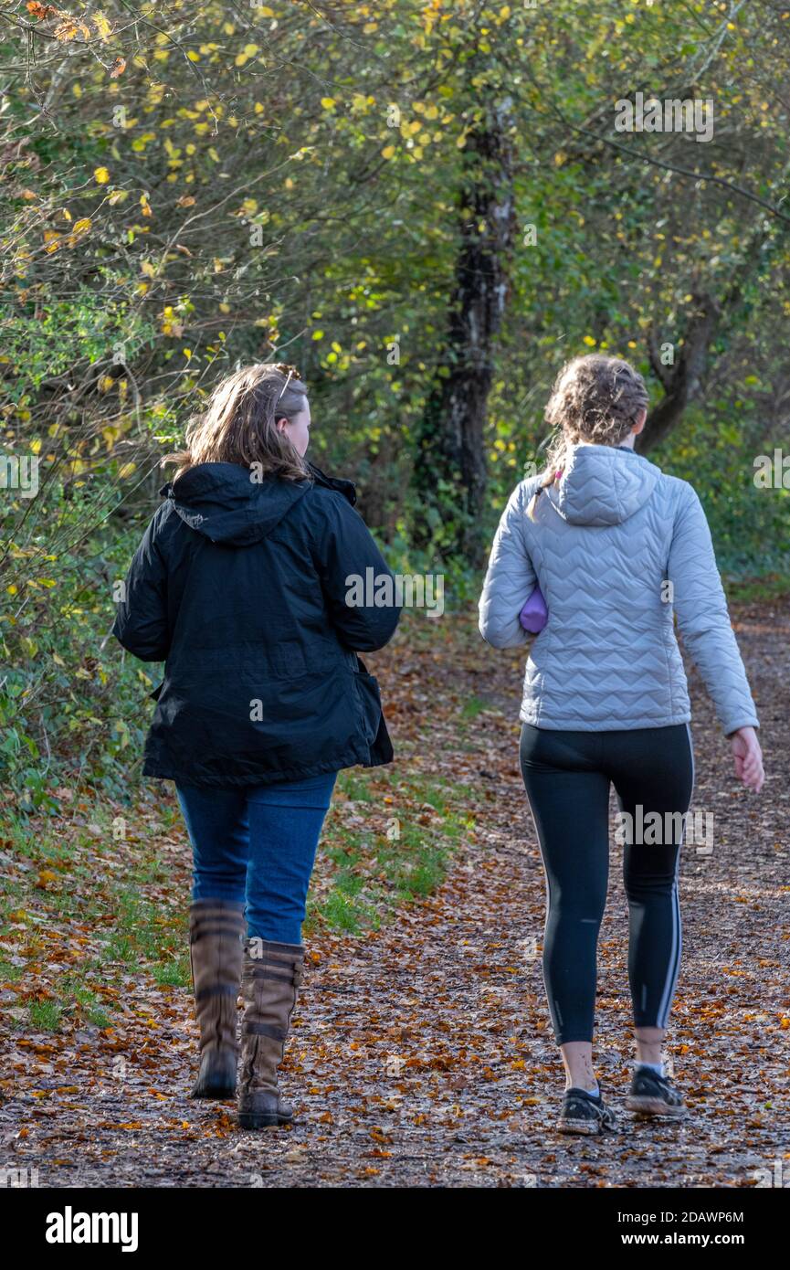 Two attractive young women walk-in along a pathway in the woods ...