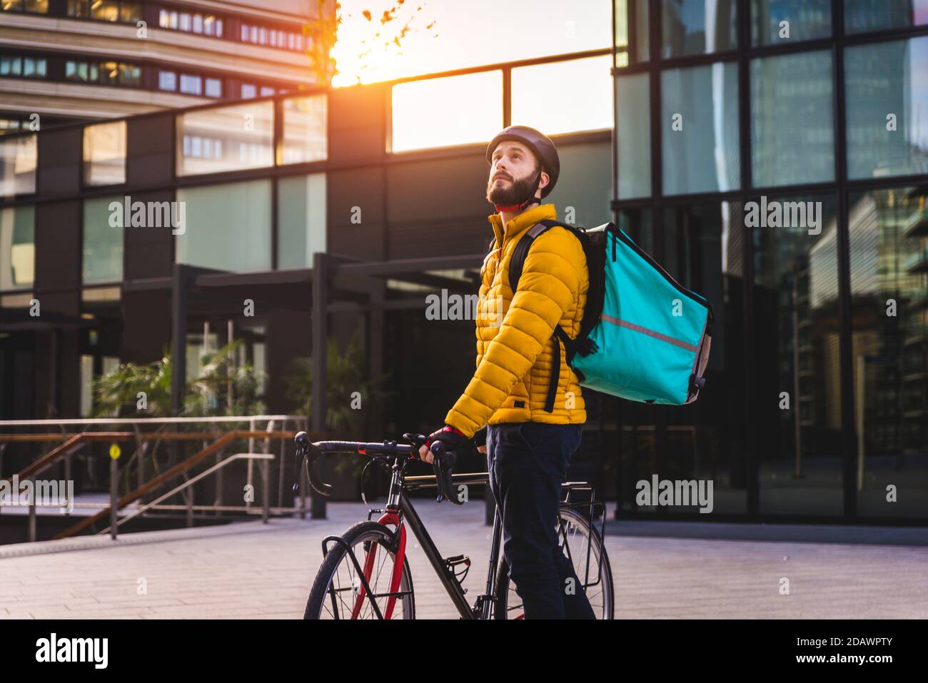 Food delivery service, rider delivering food to clints with bicycle ...