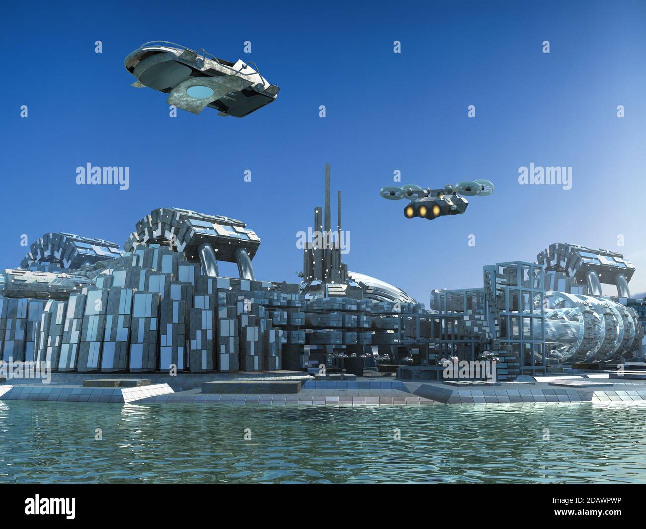 Futuristic city skyline 3D illustration, with metallic structures ...