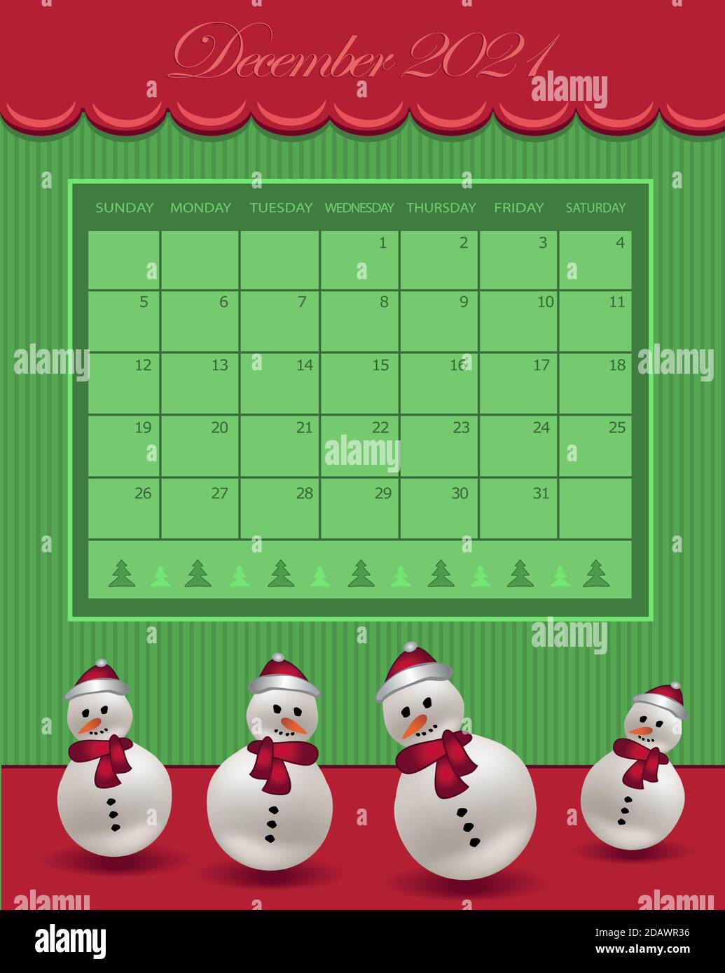 Calendar December Christmas for the year 2021, snowman with hat, red ...