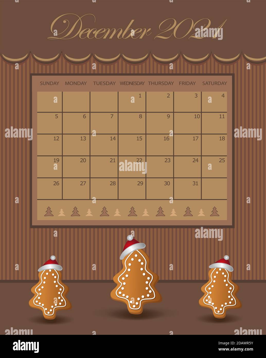 Calendar December Christmas for the year 2021, trees with gingerbread ...