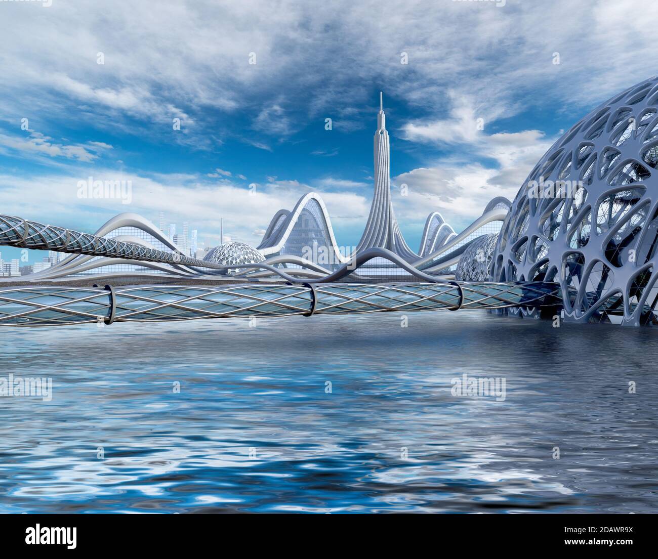 3D illustration of a futuristic city with aquatic architecture and ...