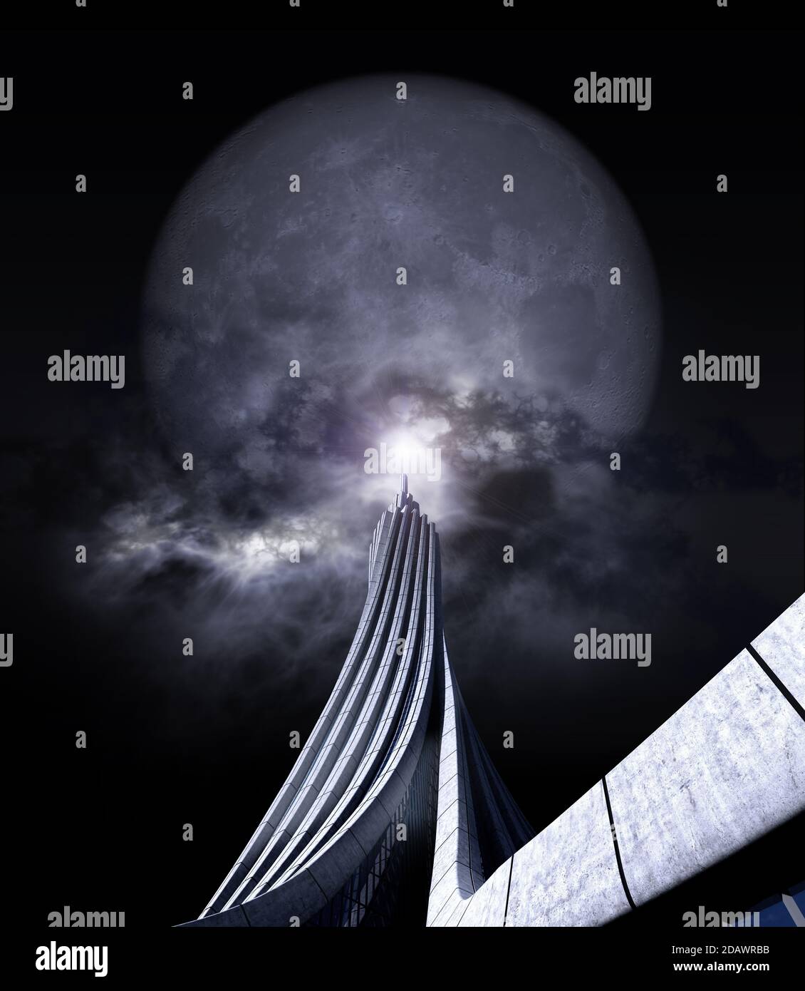 3D rendering of a futuristic high rise building pointing at the moon ...