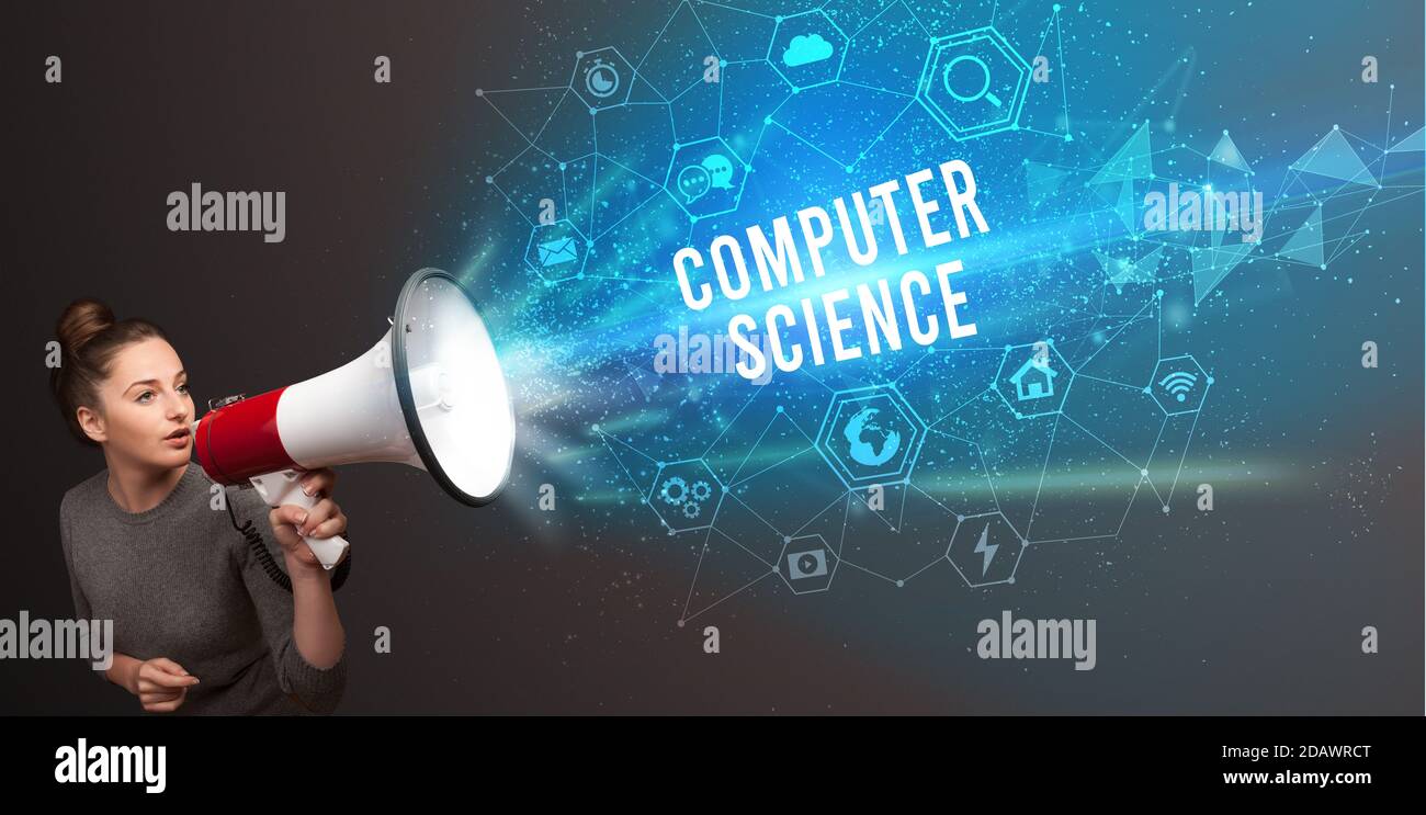 Young woman shouting in megaphone with COMPUTER SCIENCE inscription ...