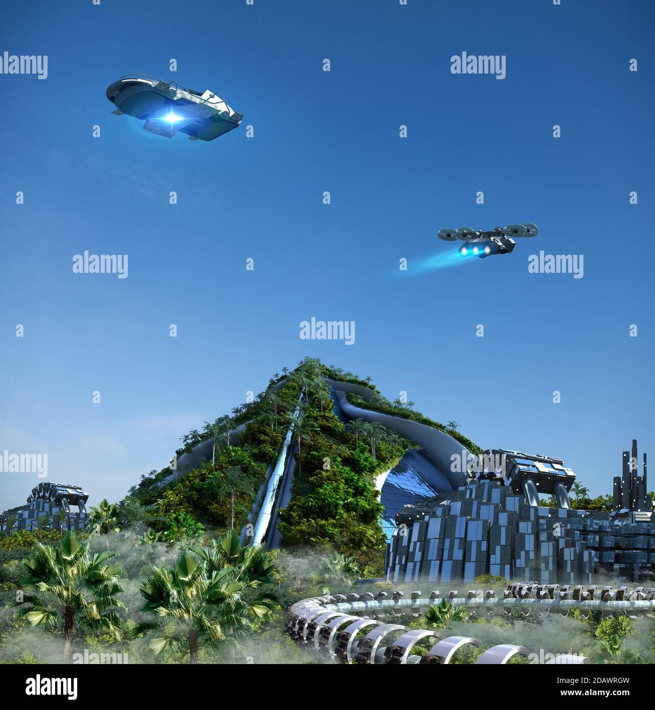 3D Illustration of a futuristic green city with vertical garden ...