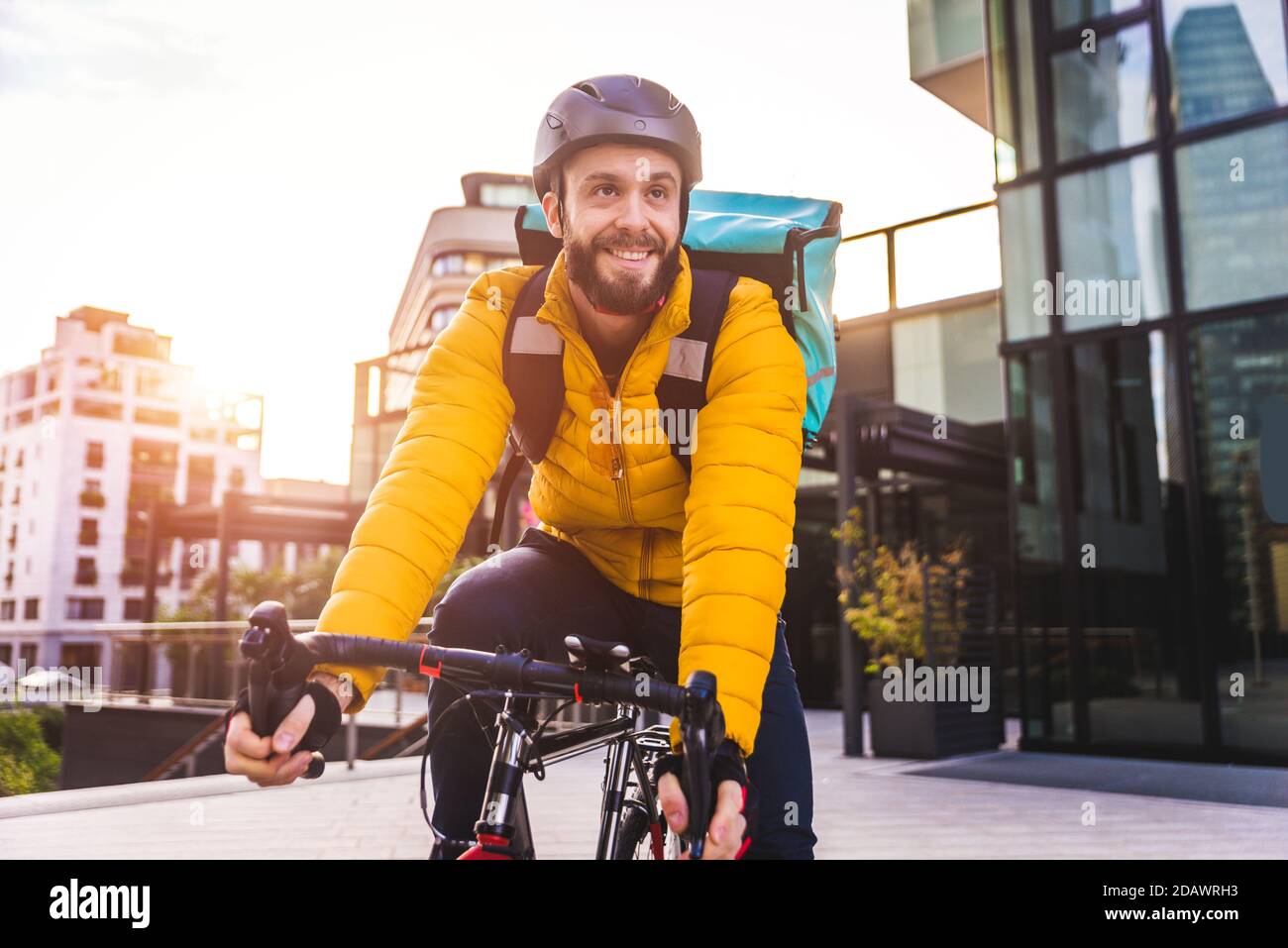 Food delivery service, rider delivering food to clints with bicycle ...