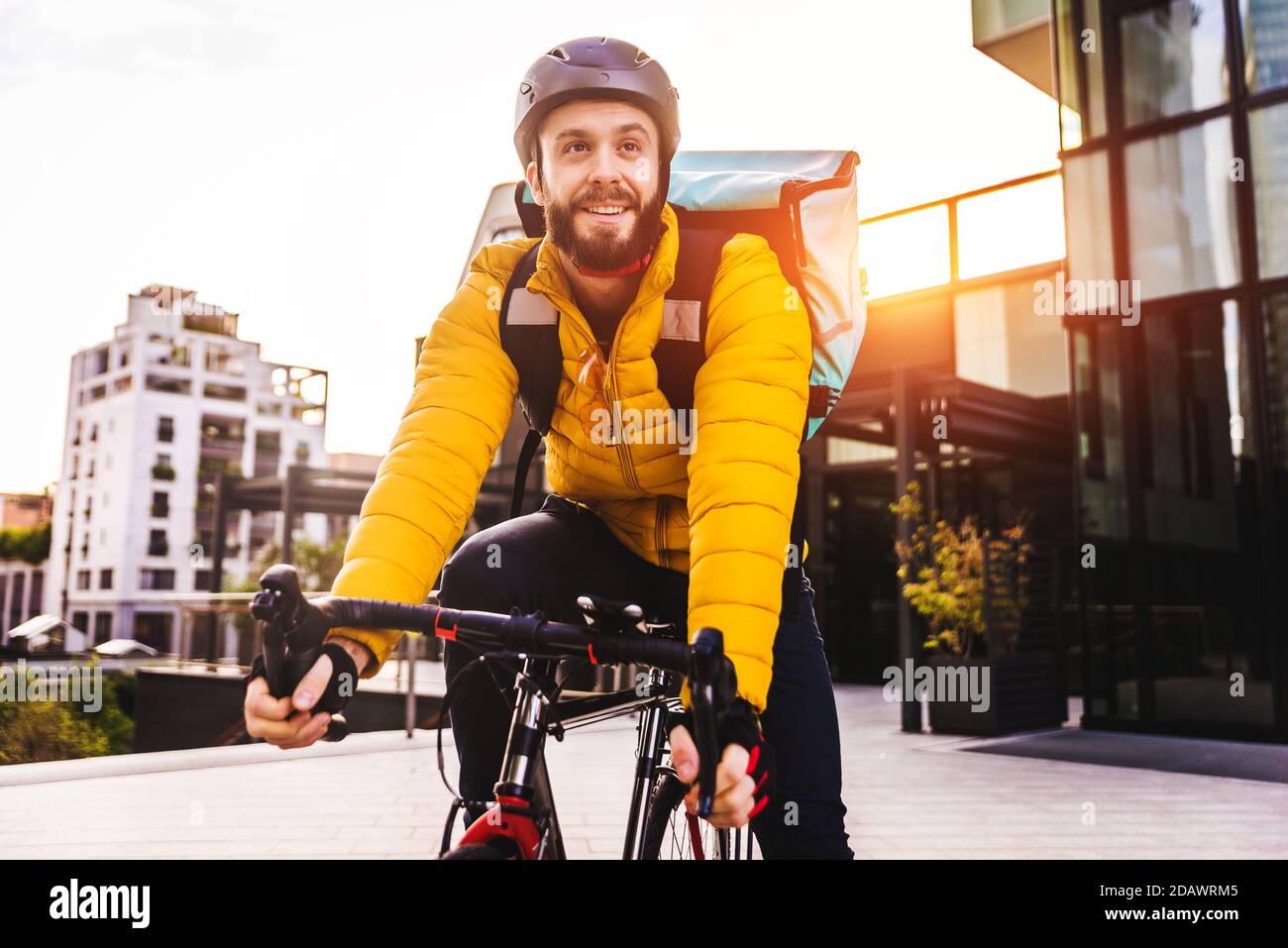 Food delivery service, rider delivering food to clints with bicycle ...
