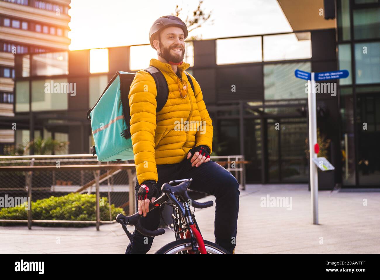 Food delivery service, rider delivering food to clints with bicycle ...