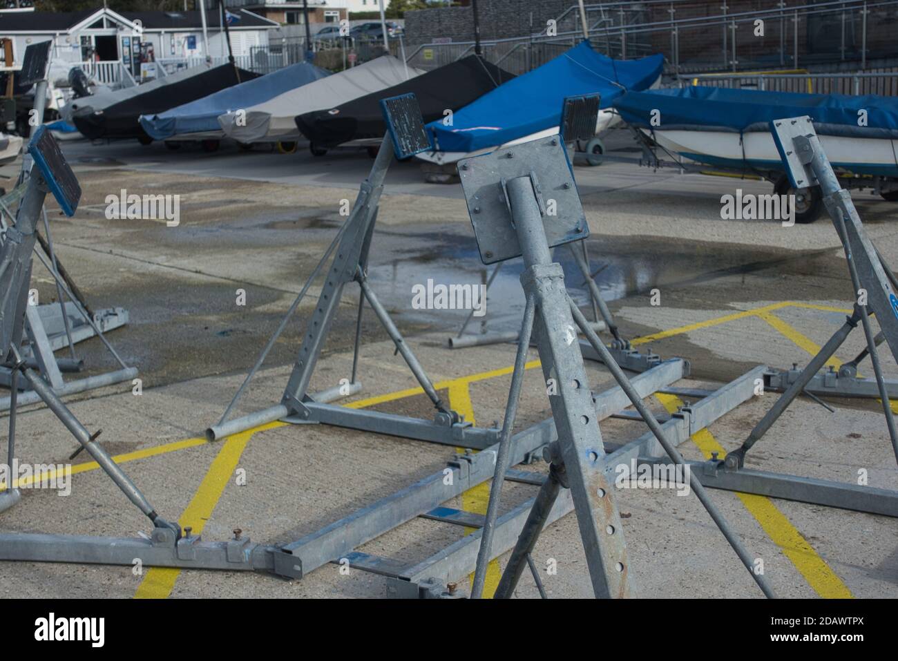 A metal yacht boat cradle in a boat yard waiting to support a yacht for ...