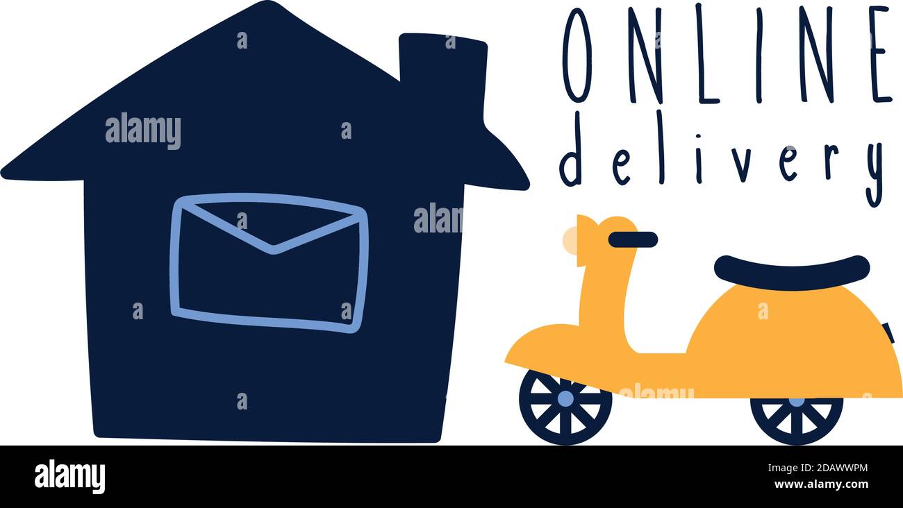 onflat delivery lettering campaign with house and motorcycle flat style ...