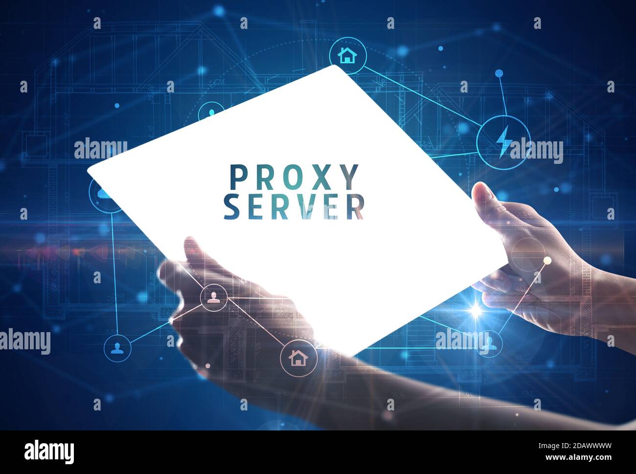 Holding futuristic tablet with PROXY SERVER inscription, cyber security ...