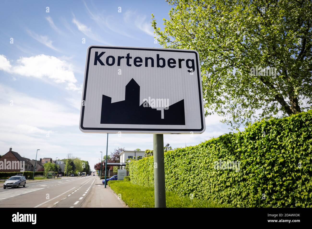 Illustration shows the name of the Kortenberg municipality on a road ...