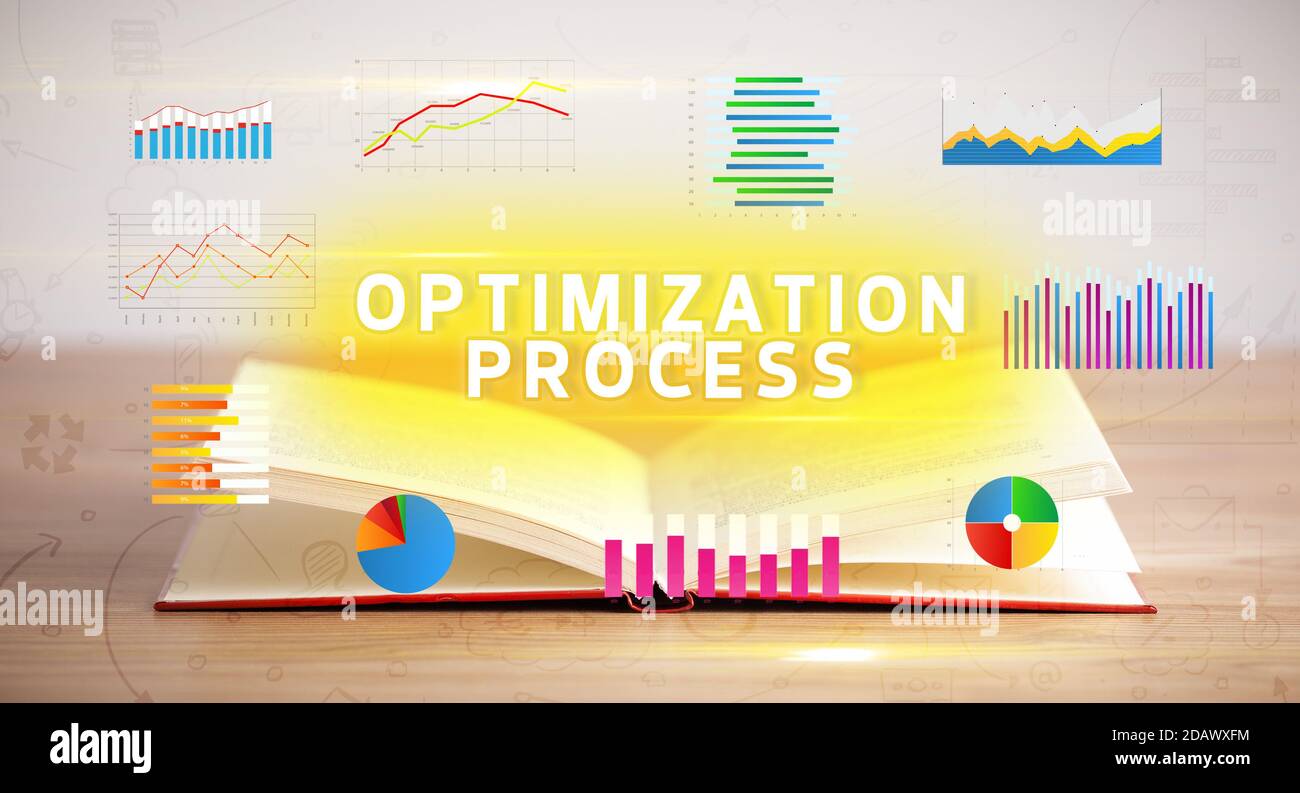 Open book with OPTIMIZATION PROCESS inscription, new business concept ...