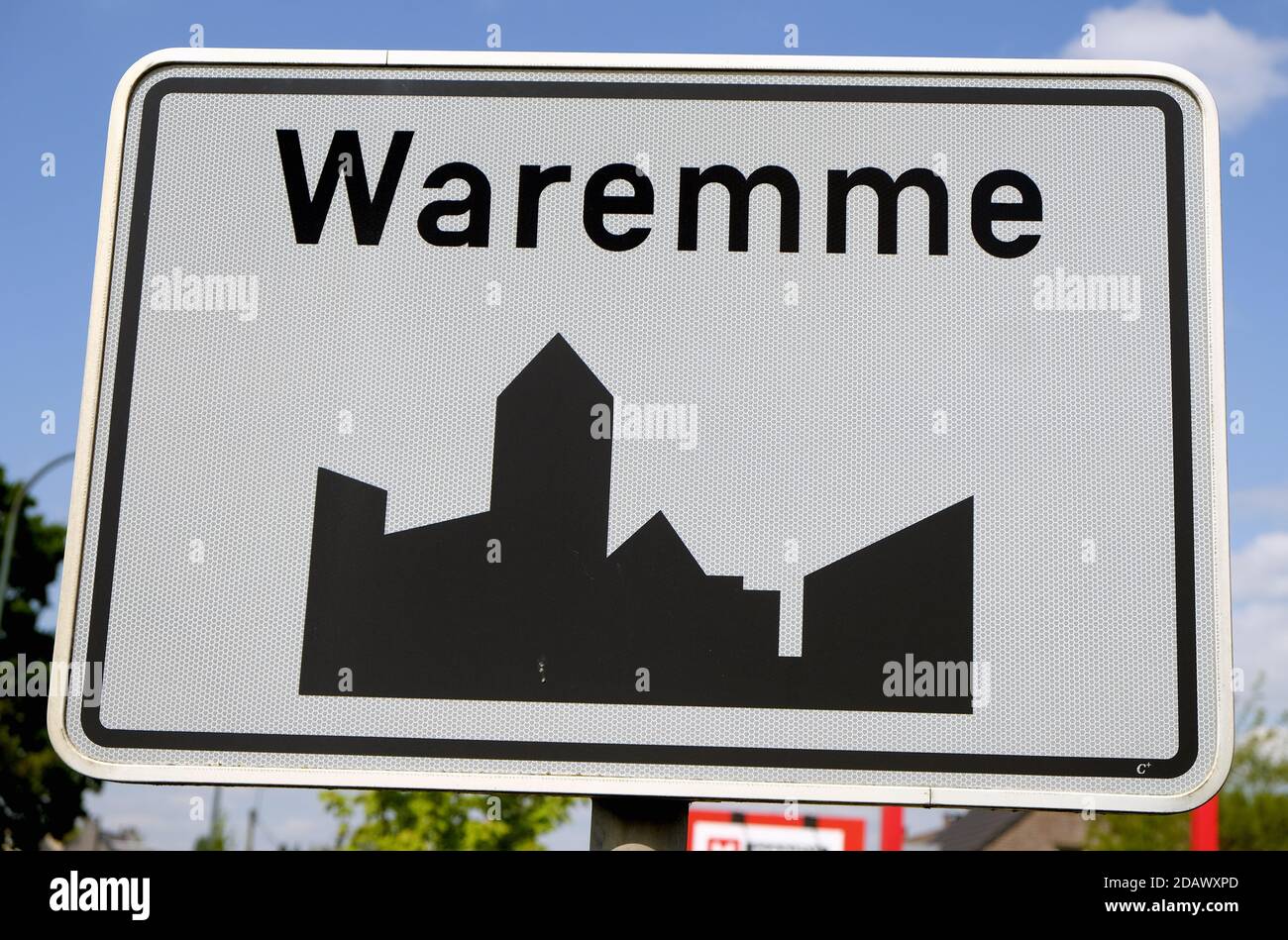 Illustration shows the name of the Waremme municipality on a road sign ...