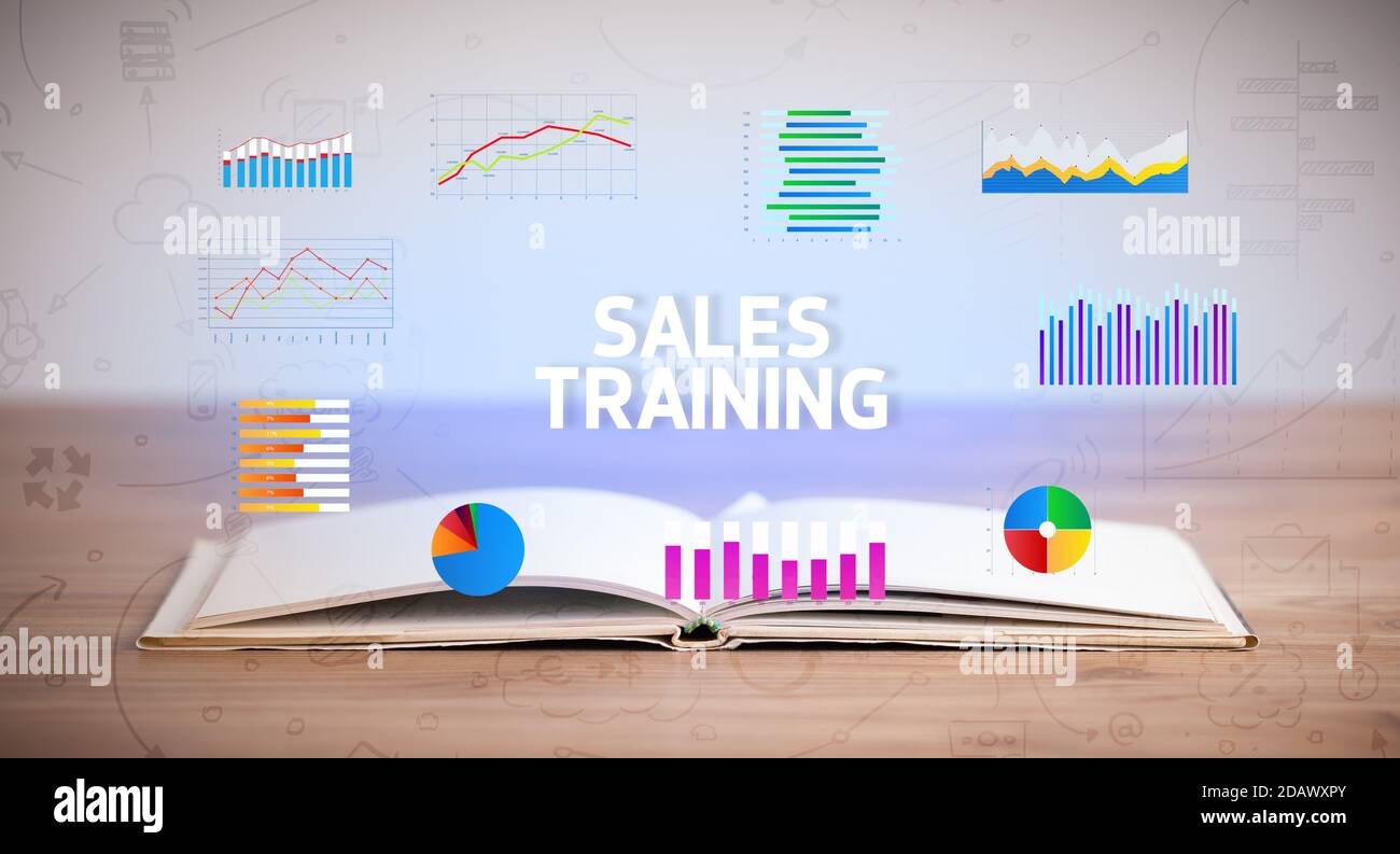Open book with SALES TRAINING inscription, new business concept Stock ...