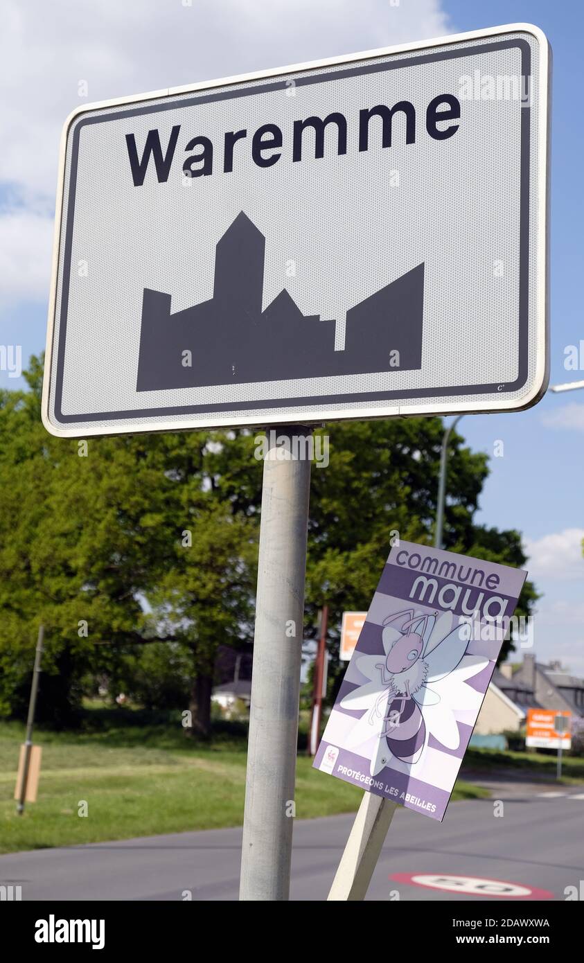 Illustration shows the name of the Waremme municipality on a road sign ...
