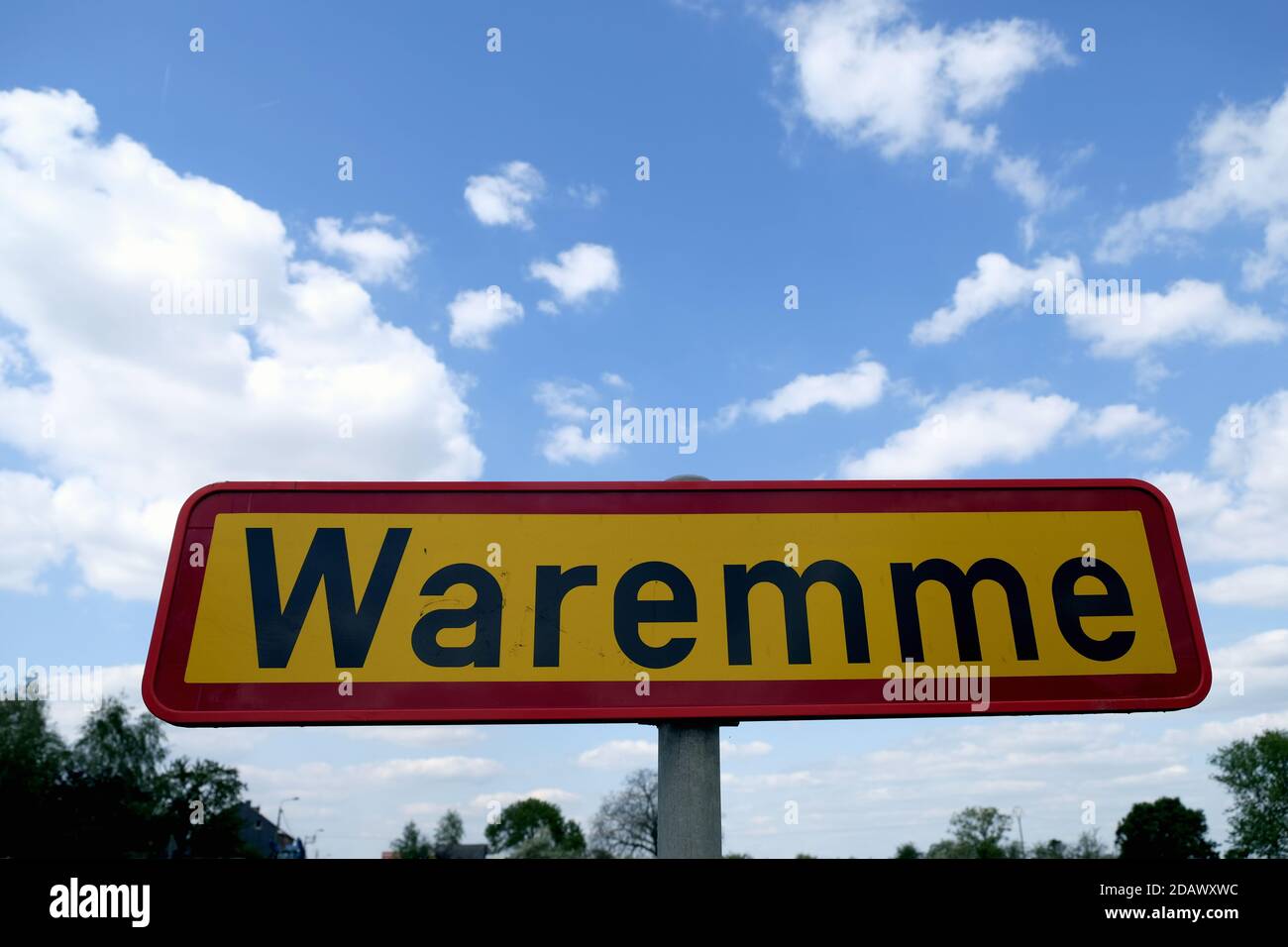 Illustration shows the name of the Waremme municipality on a road sign ...
