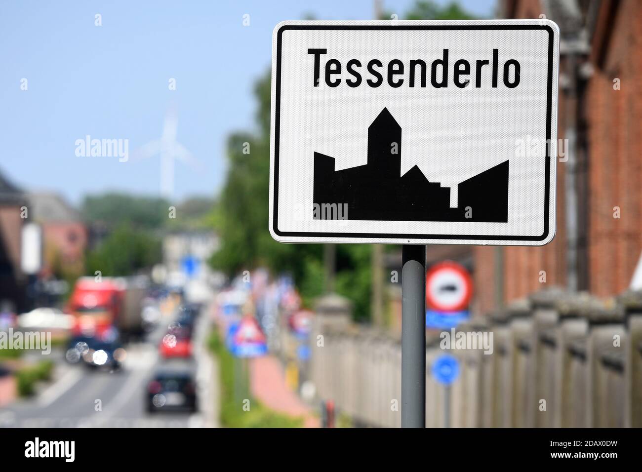 Illustration shows the name of the Tessenderlo municipality on a road ...