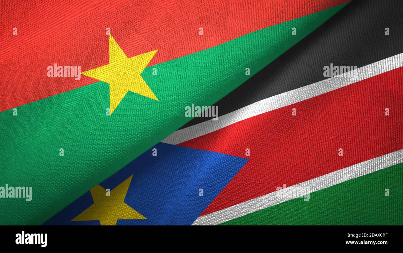 Burkina Faso and South Sudan two flags textile cloth, fabric texture ...