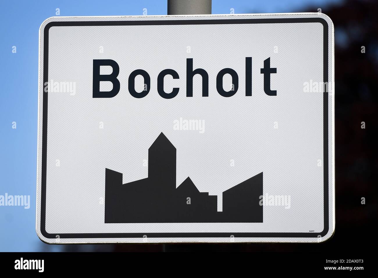 Illustration shows the name of the Bocholt municipality on a road sign ...