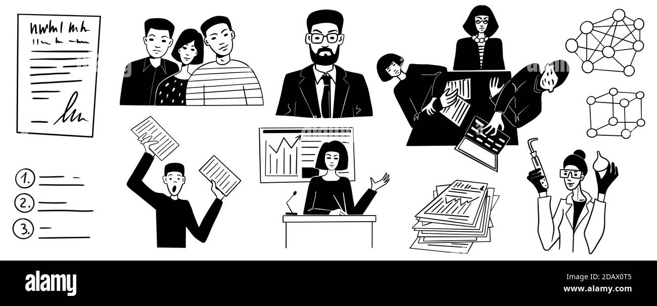 Set work on student research project teamwork doodle style. Vector ...