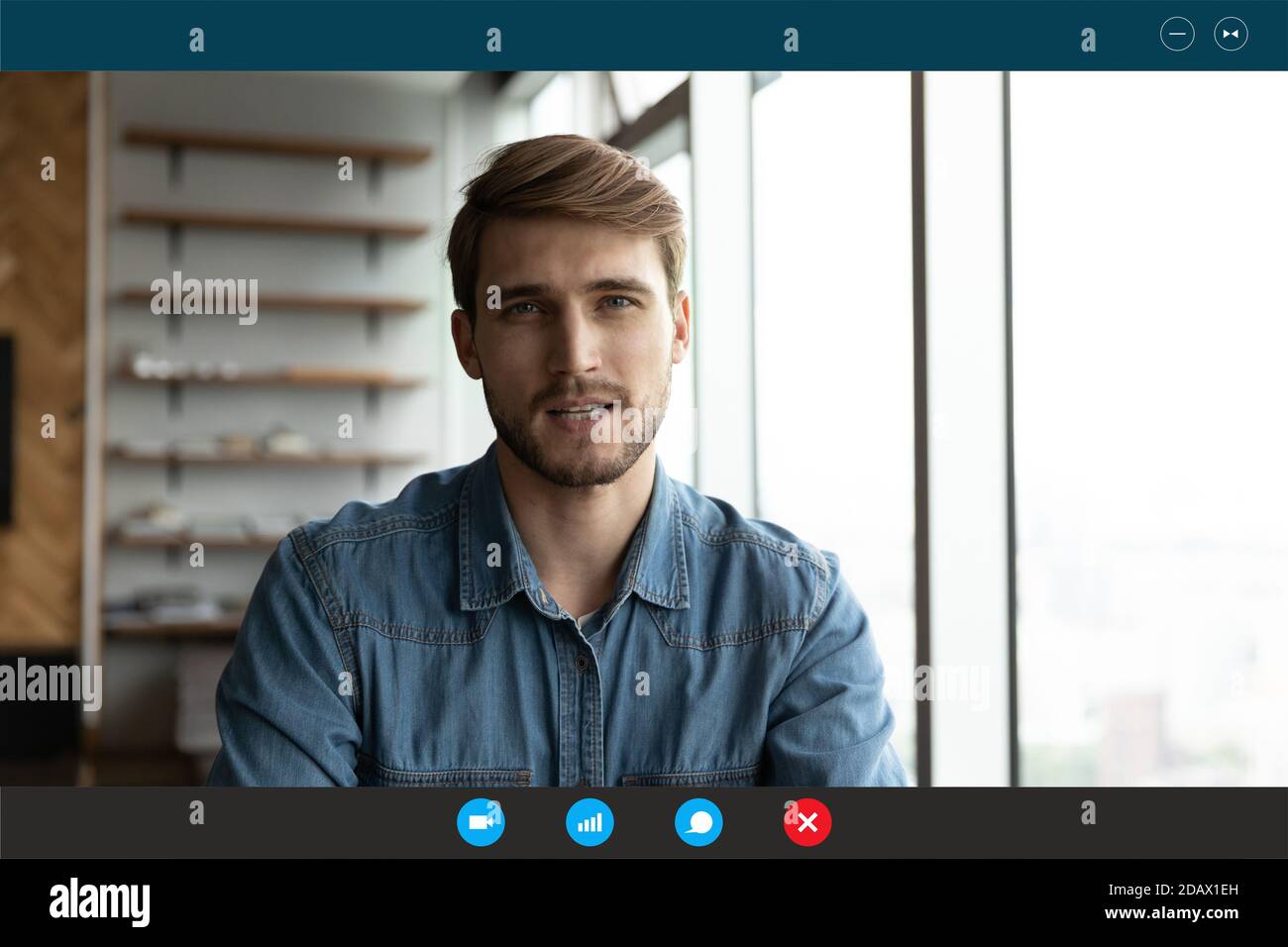 Focused young european appearance man passing online job interview ...