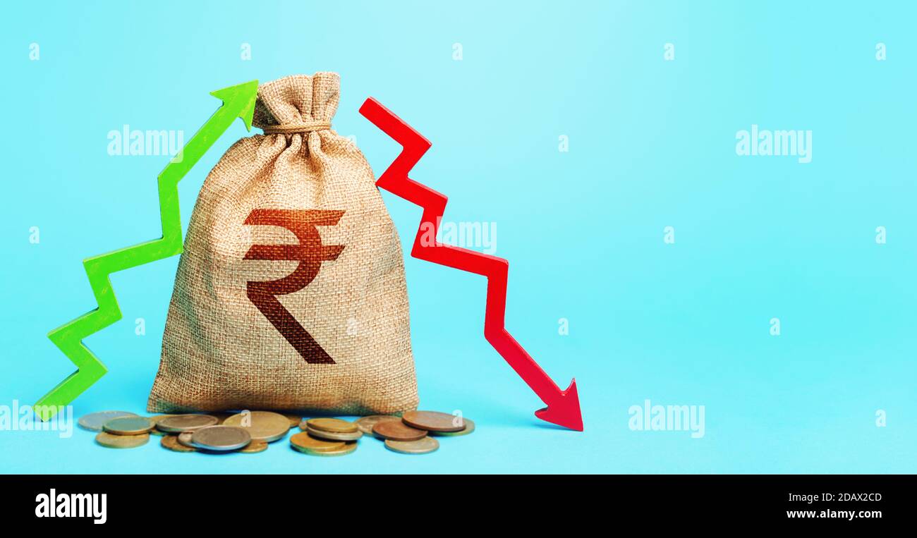 Indian rupee money bag and two arrows of profit loss. Income expense ...
