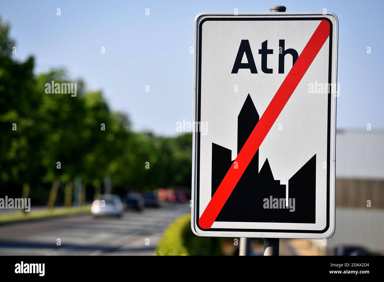 Illustration shows the name of the Ath (Aat) municipality on a road ...