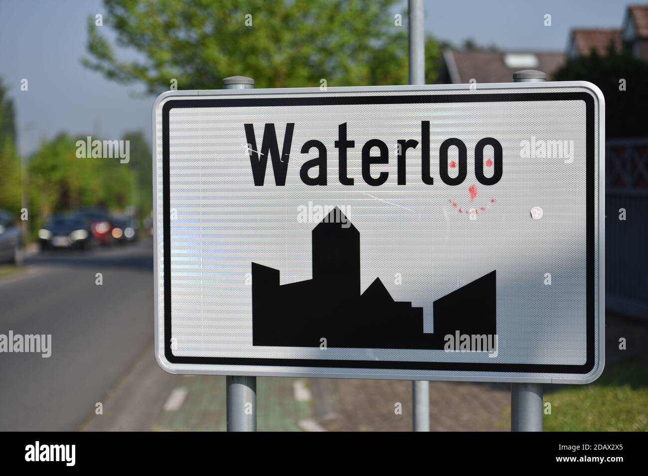 Illustration shows the name of the Waterloo municipality on a road sign ...