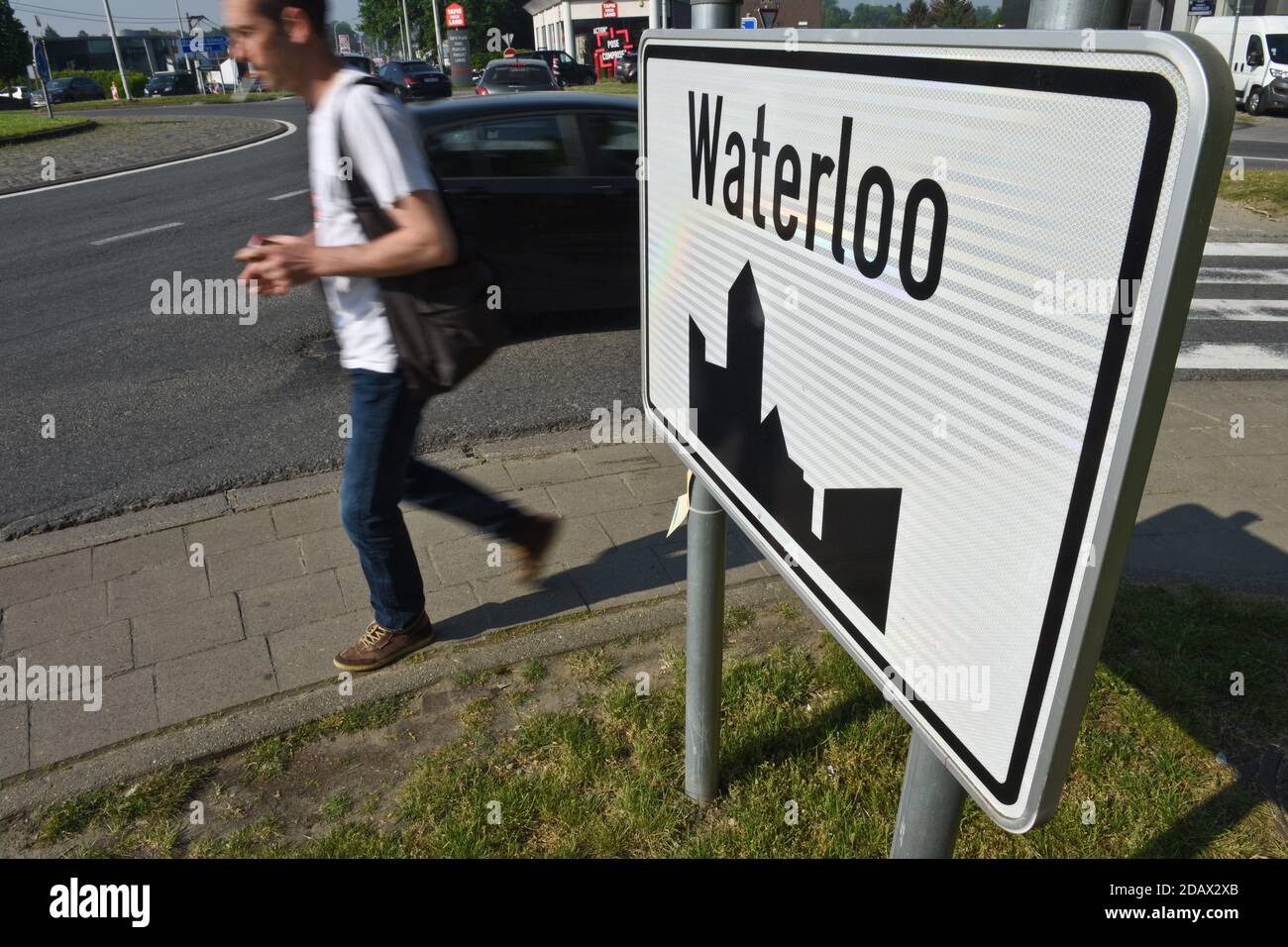 Illustration shows the name of the Waterloo municipality on a road sign ...