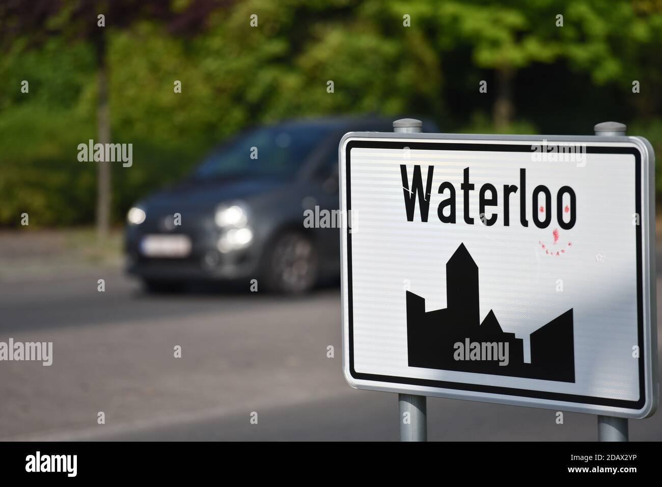 Illustration shows the name of the Waterloo municipality on a road sign ...
