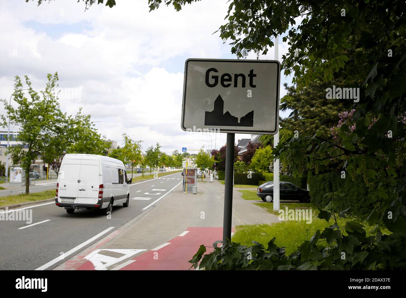 Illustration shows the name of the Gent municipality on a road sign ...