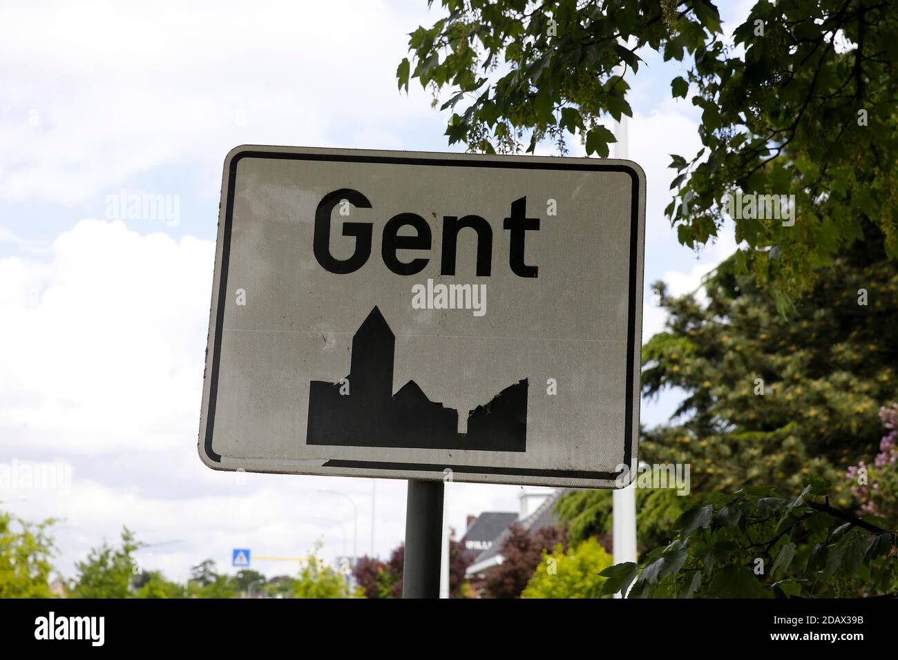 Illustration shows the name of the Gent municipality on a road sign ...