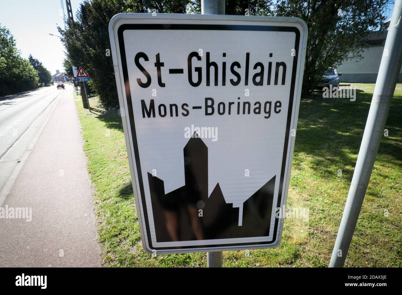 Illustration shows the name of the Saint-Ghislain municipality on a ...