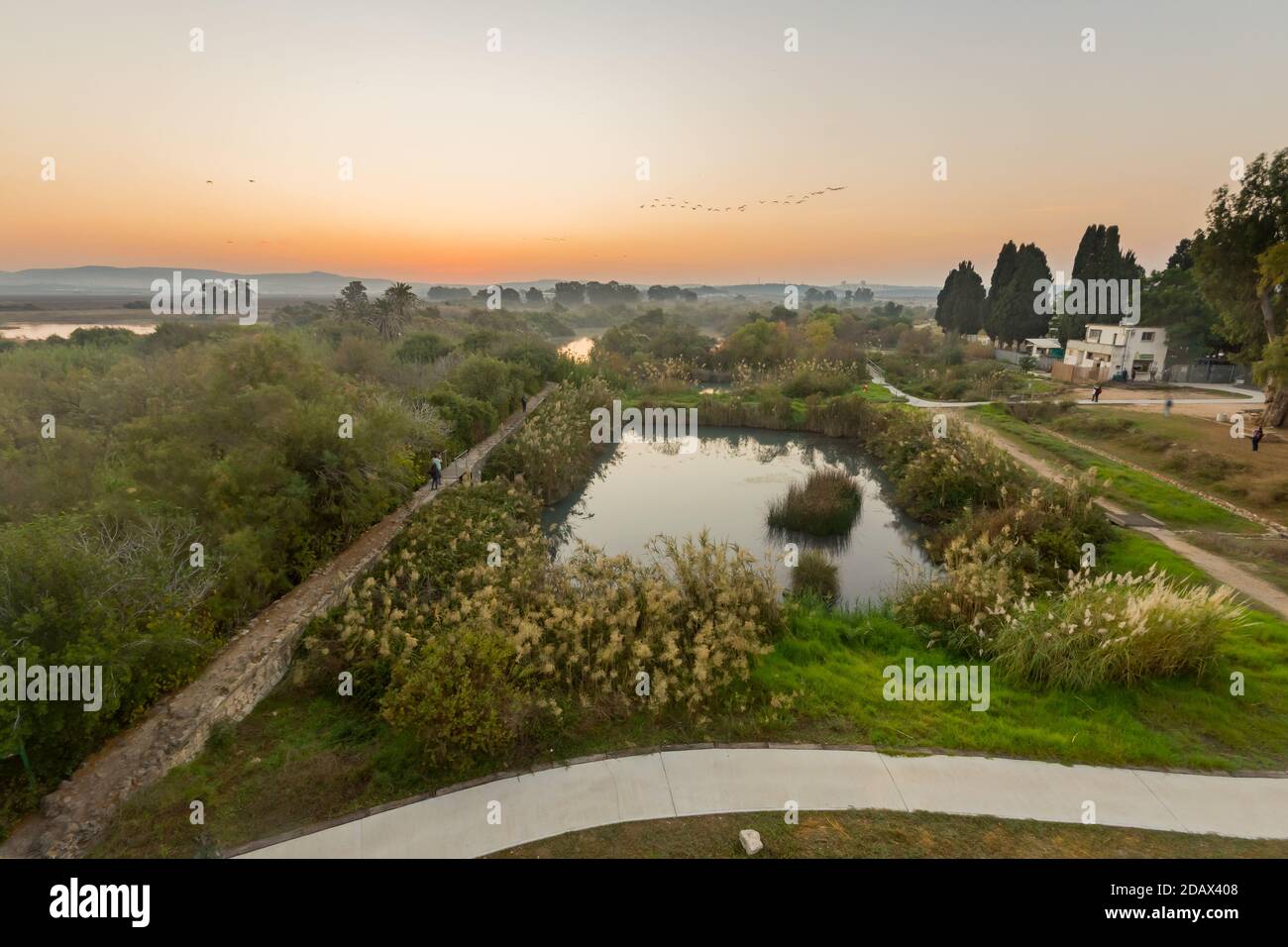 Sunrise view over wetland and ancient canal system, in En Afek nature ...