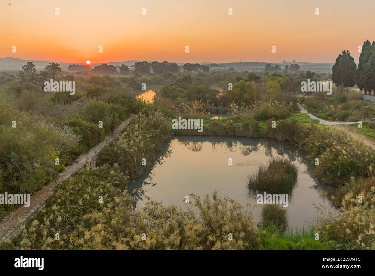 Sunrise view over wetland and ancient canal system, in En Afek nature ...