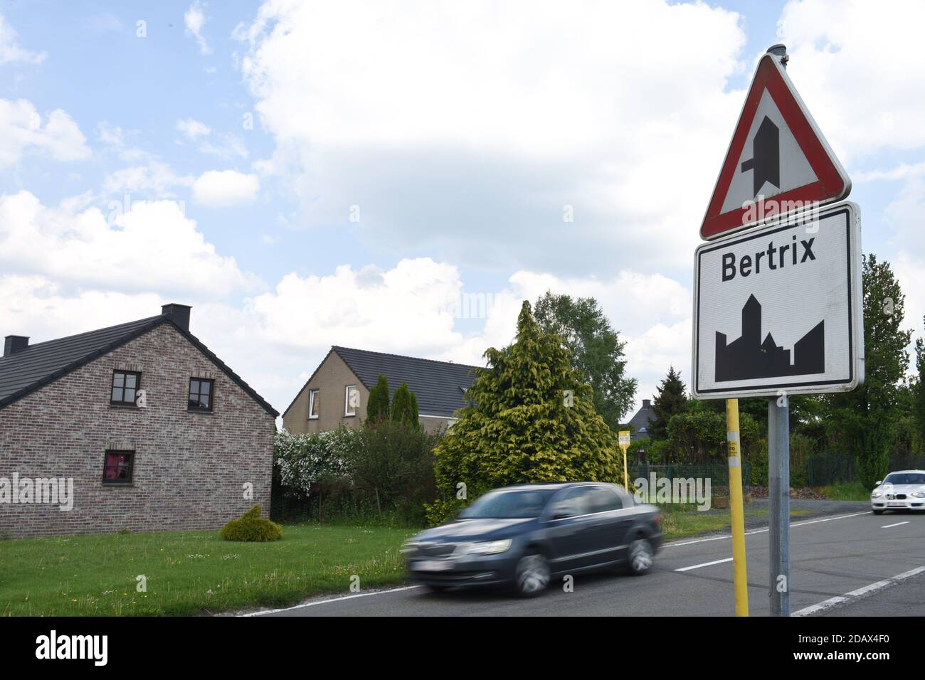 Illustration shows the name of the Bertrix municipality on a road sign ...