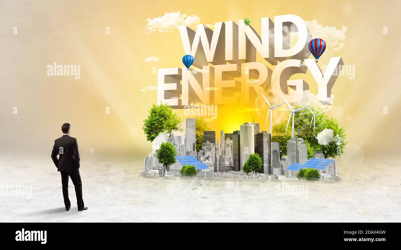 Rear view of a businessman standing in front of WIND ENERGY inscription ...