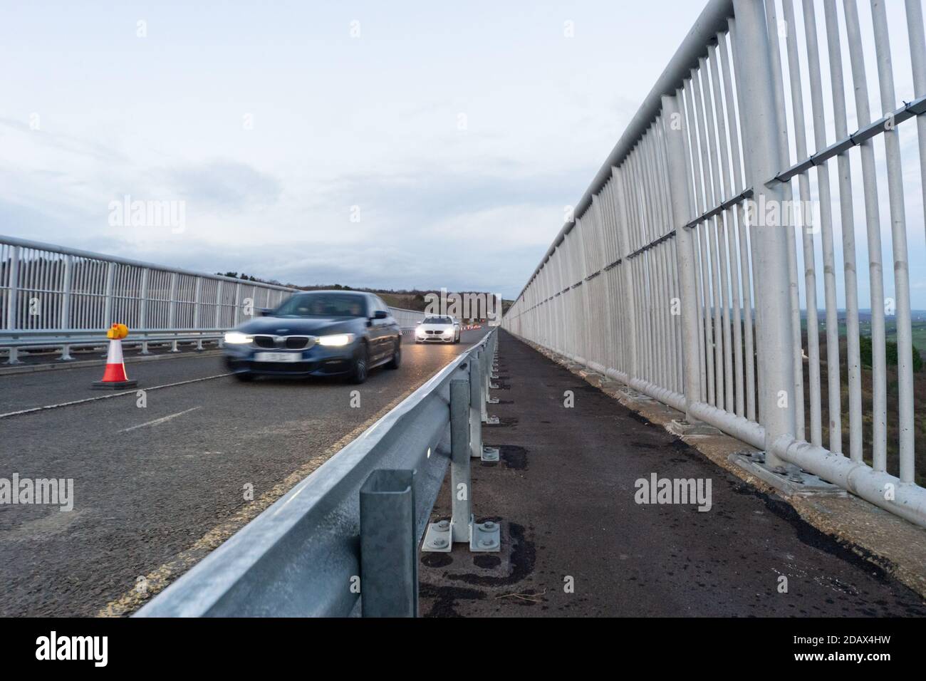 Tall inward curving barriers on Scammonden bridge in Kirklees ...