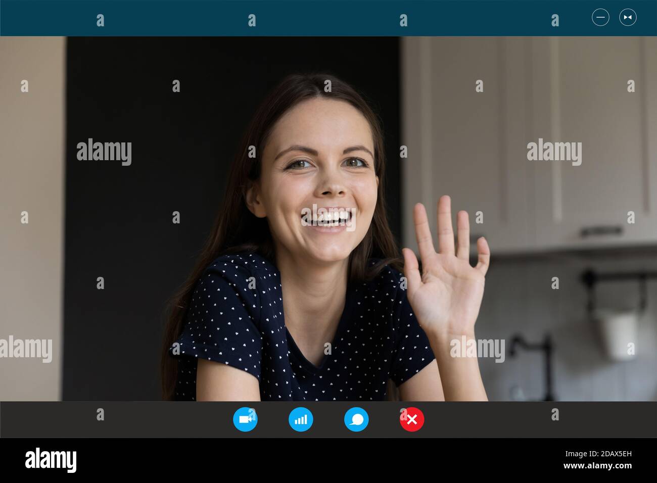 Millennial beautiful woman making hello gesture starting online ...