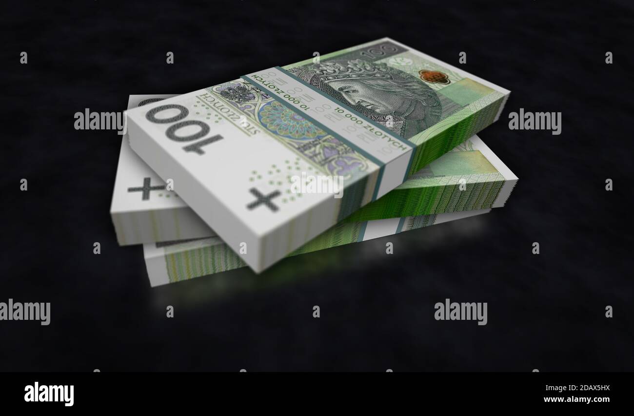 Polish Zloty PLN money pack 3d illustration. 100 PLN banknote bundle ...