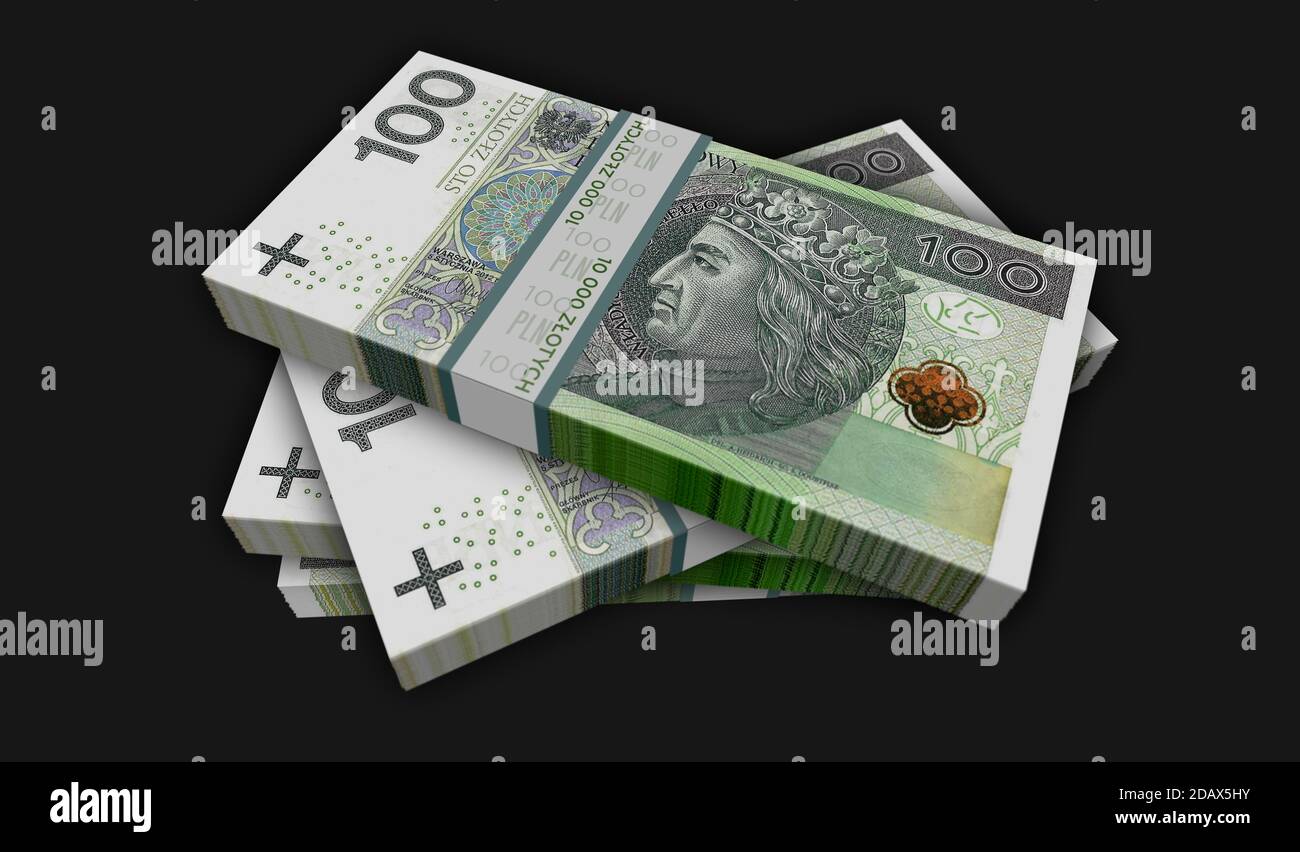Polish Zloty PLN money pack 3d illustration. 100 PLN banknote bundle ...