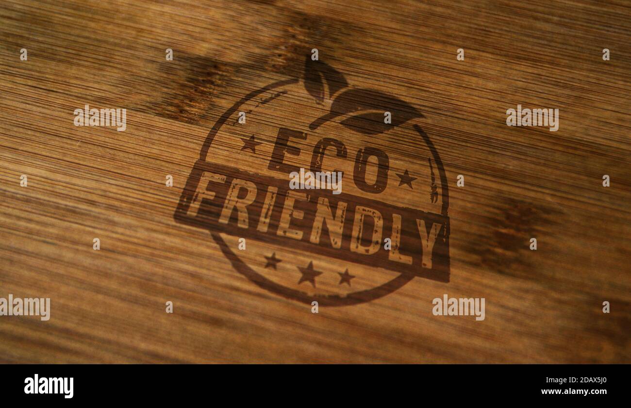 Eco friendly stamp printed on wooden box. Sustainable economy, green ...