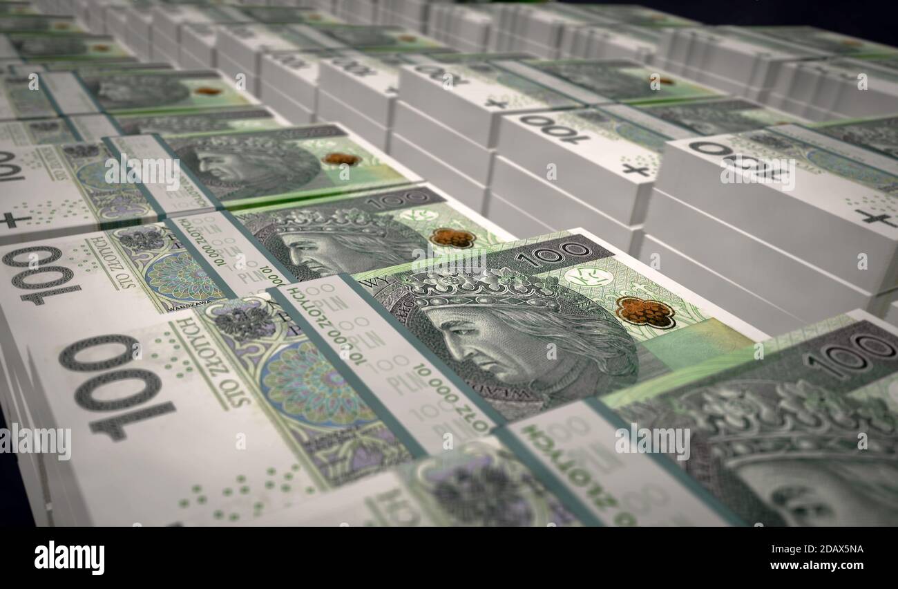 Polish Zloty PLN money pack 3d illustration. 100 PLN banknote bundle ...