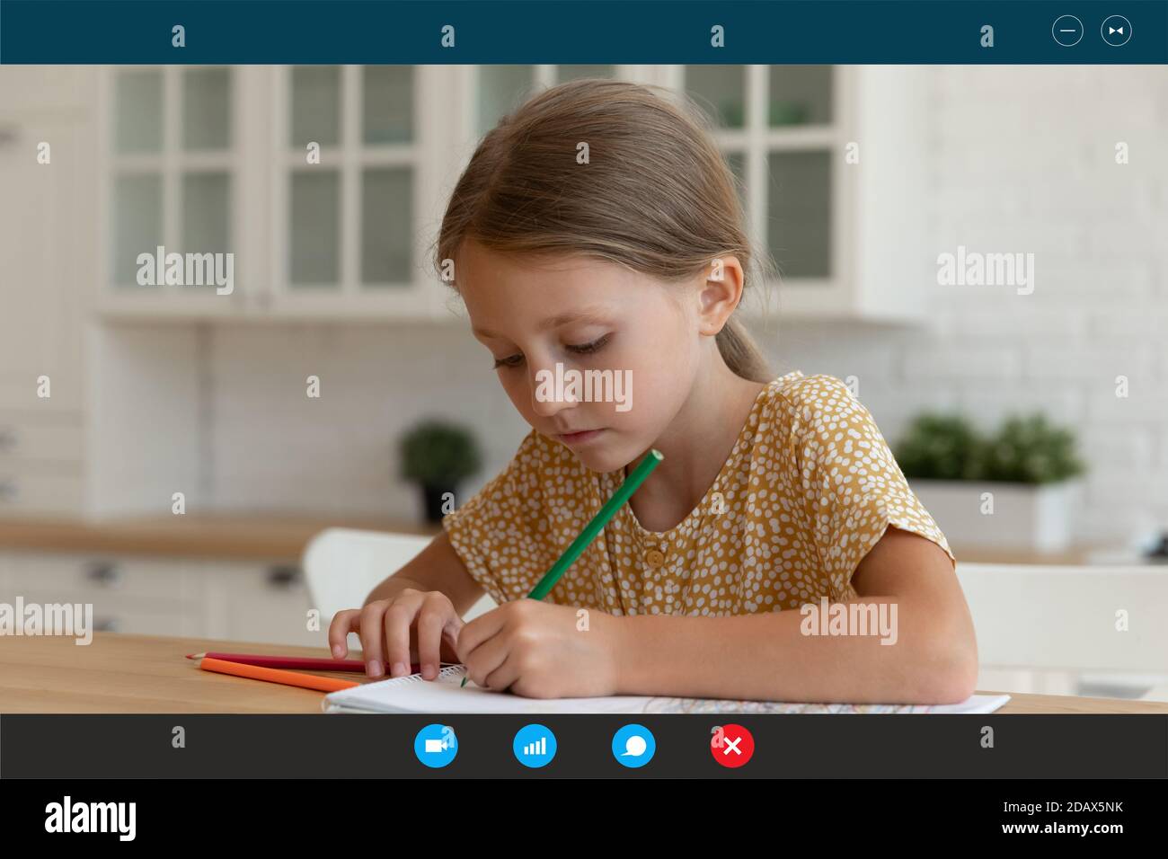 Computer video call screen view focused little girl drawing Stock Photo ...