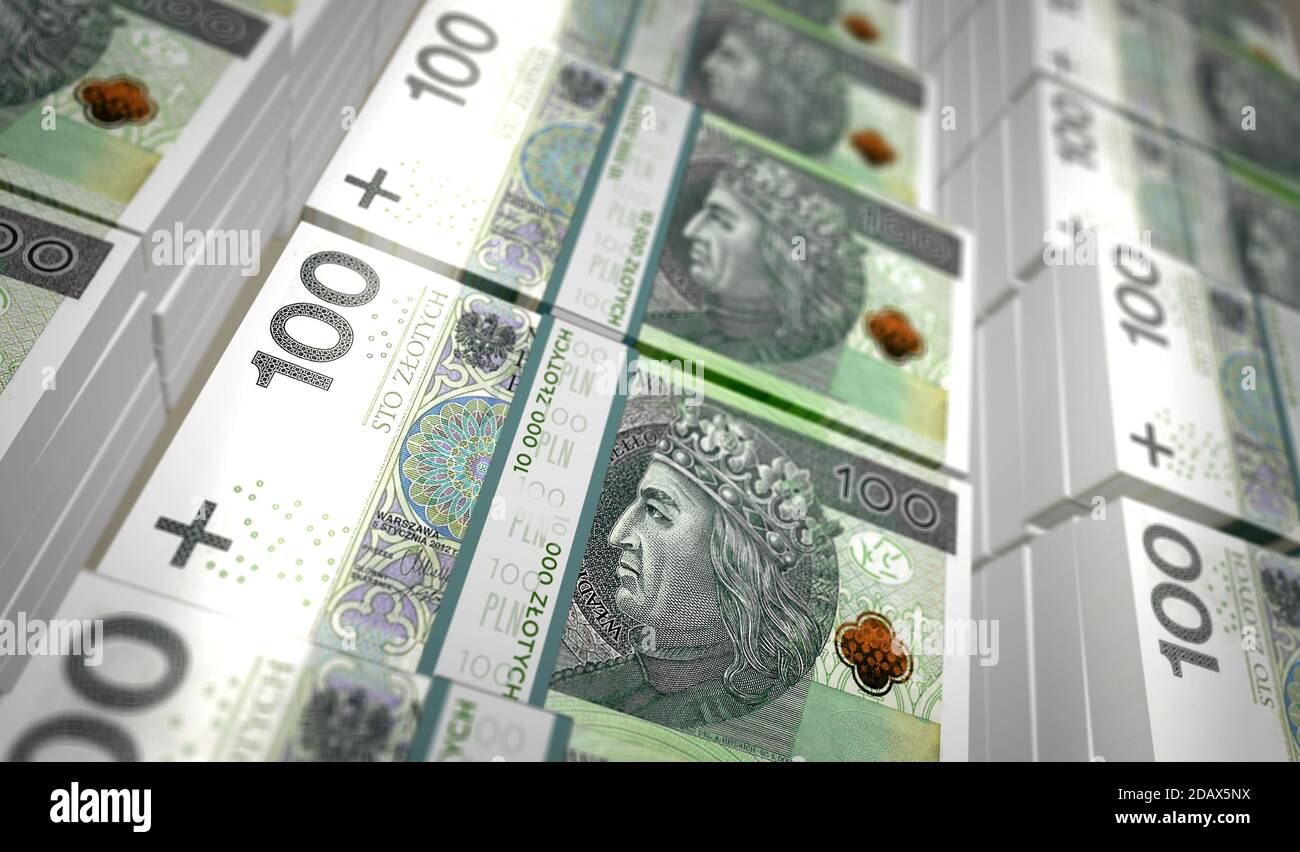 Polish Zloty PLN money pack 3d illustration. 100 PLN banknote bundle ...