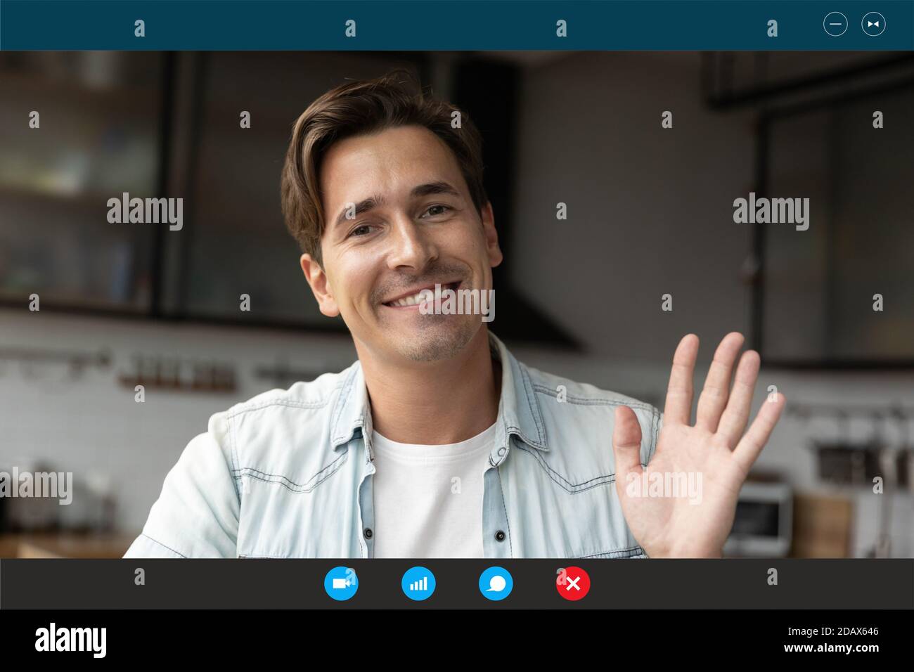Smiling handsome 40s man making hello hi gesture Stock Photo - Alamy