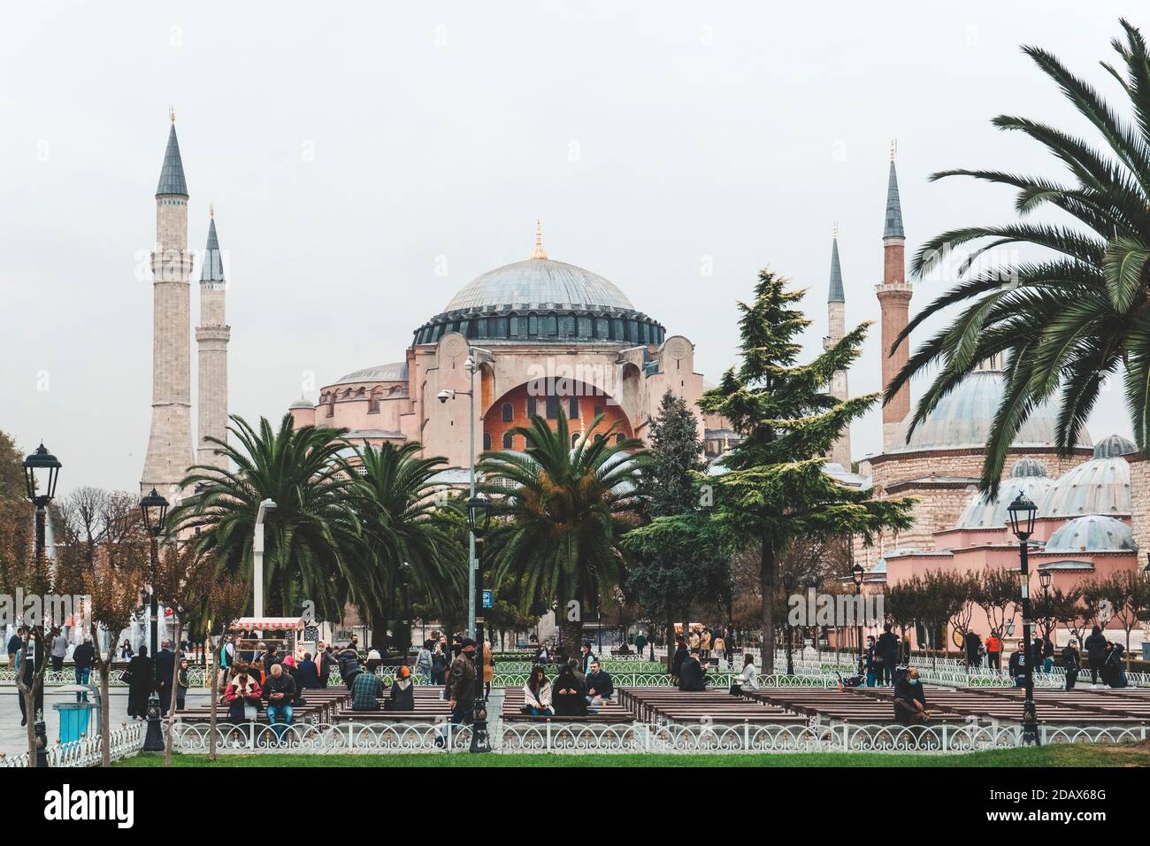 Ayasofia Mosque in Istanbul with a promenade and palm trees. Landmark ...