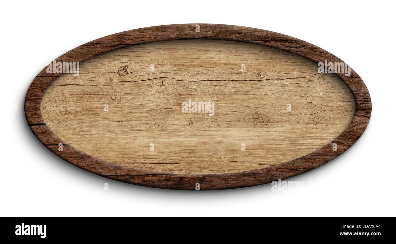 Old blank wooden sign with dark frame and oval shape isolated on white ...